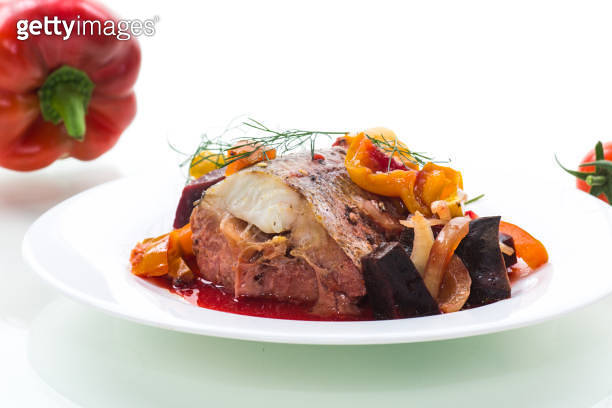 fish stew with beets and other vegetables in a plate 이미지 (1174189671 ...