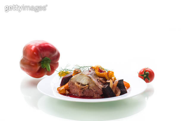 fish stew with beets and other vegetables in a plate (1174188521) - 게티이미지뱅크