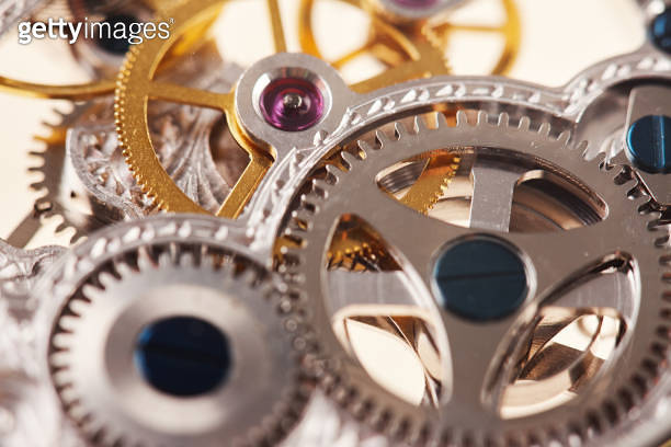 Complex, decorated inner clockwork inside a luxury wristwatch 이미지 ...