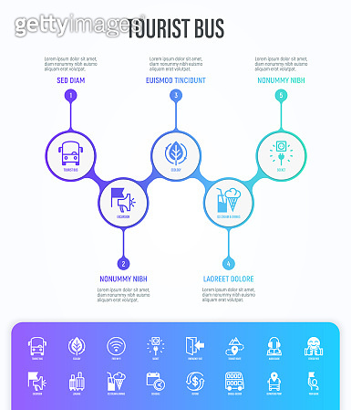 Tourist bus infographic with thin line icons: free wi-fi, schedule ...