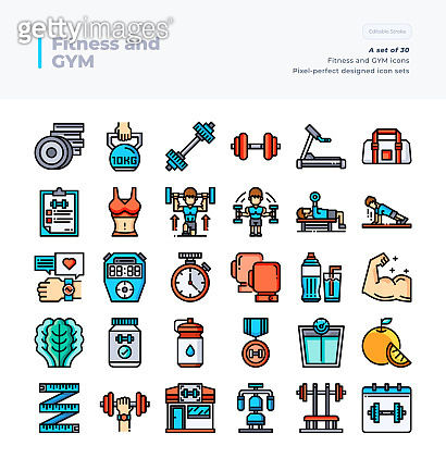 Detailed Vector Line Icons Set of Fitness and Gym .64x64 Pixel Perfect ...