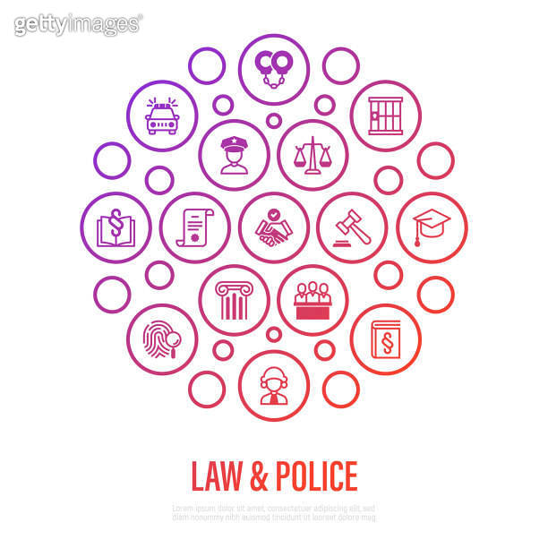 Law and police concept in circle shape. Policeman, judge, prosecutor ...