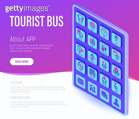 Tourist bus web page template. Buttons on tablet with thin line ...