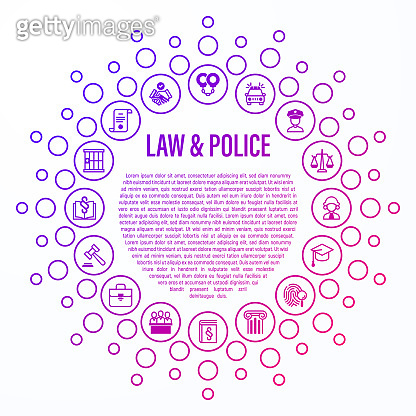 Law and police concept in circle shape. Policeman, judge, prosecutor ...