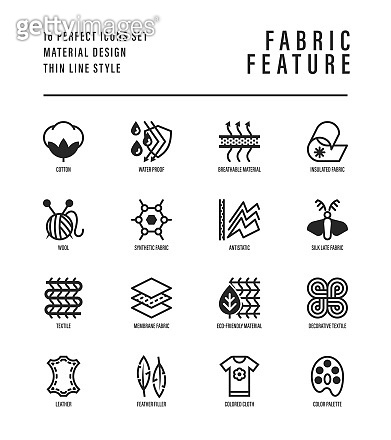 Fabric feature thin line icons set. Symbols of wool, synthetic, silk ...