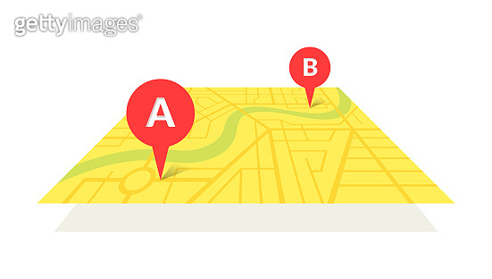 City street map plan with GPS pins and navigation route from A to B ...