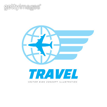 Air travel - concept business sign vector illustration. Airplane, globe ...