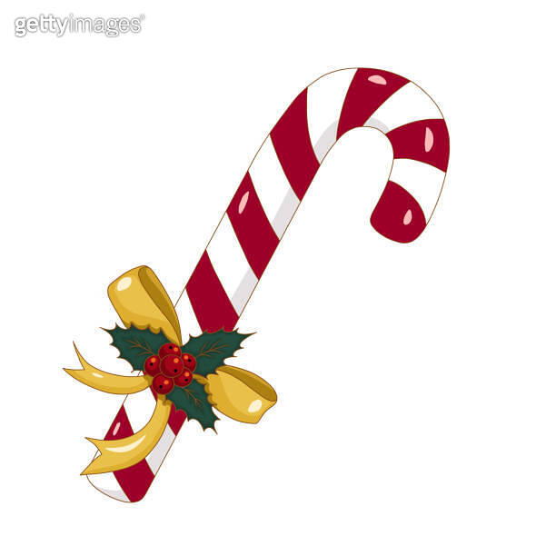 Christmas and New year symbol: candy cane with ribbon bow and holly ...