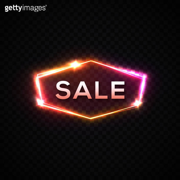 Sale glowing neon sign on transparent background. Electric discount ...