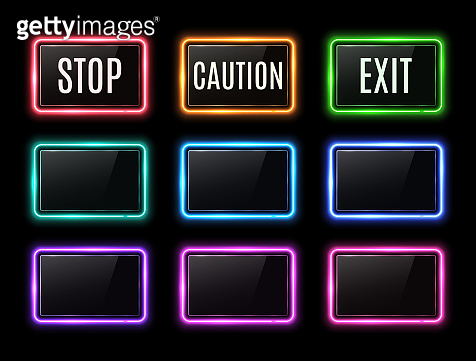 Stop sign. Caution, exit sign. Color rectangle electric neon signboards ...