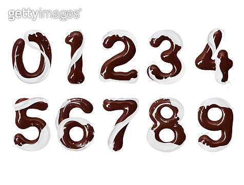 Numbers made of melted chocolate with milk splashes, isolated on white ...