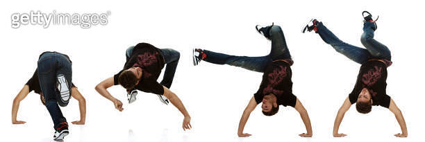 Full length / one man only / side view / profile view / four people of ...