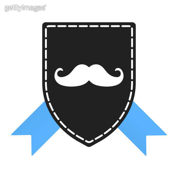 Movember badge label with blue ribbon, mustaches and badge pin flat ...