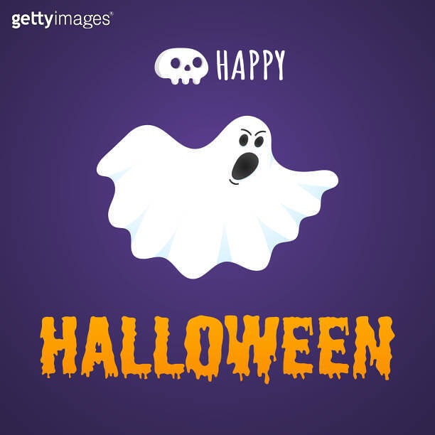 Happy Halloween text postcard banner with ghost scary face, human scull ...