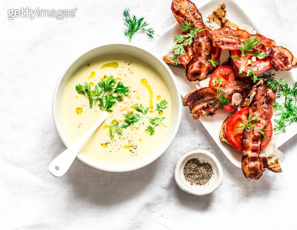 Sweet corn mashed soup with bacon tomato parmesan whole grain bread ...