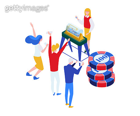 Lottery players and host isometric illustration. Gamers holding lottery ...