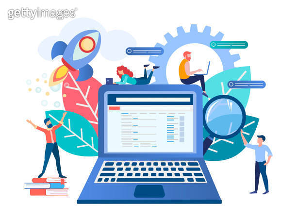 Vector illustration of the concept team work on software, start-up ...