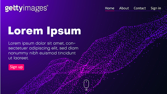 Purple web homepage template with icons and abstract digital neon ...