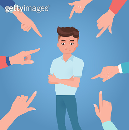 Man or boy is scolded, condemned, ordered. Upset or guilty person on ...