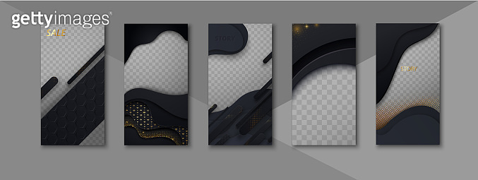 Transparent editable stories templates. Social media frames with golden ...