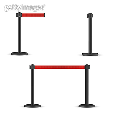 Retractable belt stanchion set. Portable ribbon barrier. Red striped ...