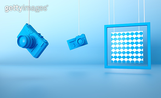 Blue retro camera on blue background with Wave frame 3d rendered image ...