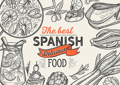 Spanish cuisine illustrations - tapas, paella, sangria, jamon, churros ...
