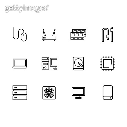 Simple set symbols computer hardware and components outline icon ...