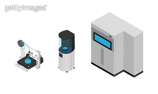 3D printer types in isometric style isolated on white background. 3D printers icons, vector ...