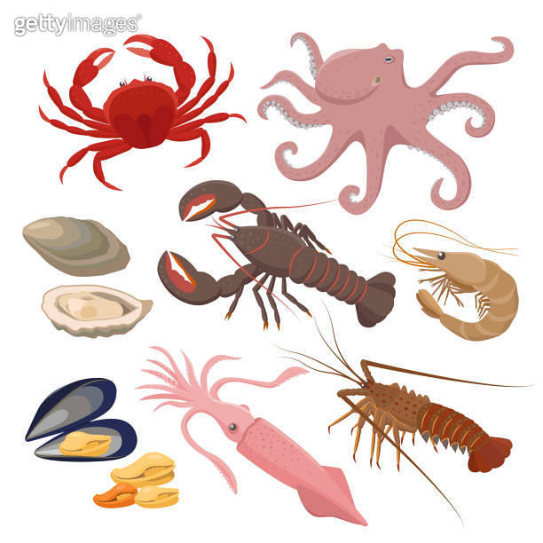 Seafood set of vector illustrations in flat design isolated on white ...