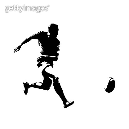 Rugby player kicking ball, isolated vector silhouette. Ink drawing ...