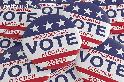 Pile of 2020 Presidential Election Vote Buttons With US Flag, 3d ...