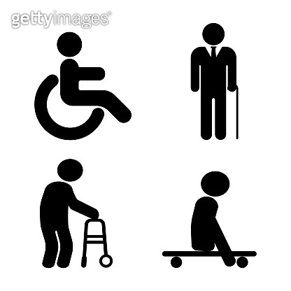 Person with disabilities and physical injury. Wheelchair sign. Men with ...