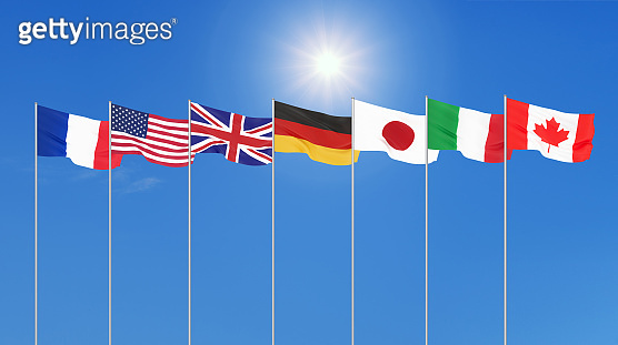 Silk waving G7 flags of countries of Group of Seven Canada, Germany ...
