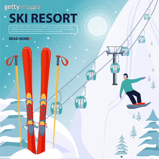 Ski resort banner illustration with ski lift and equipment. Sportsman ...
