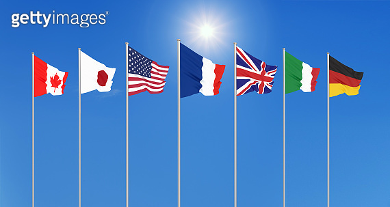 Silk waving G7 flags of countries of Group of Seven Canada, Germany ...