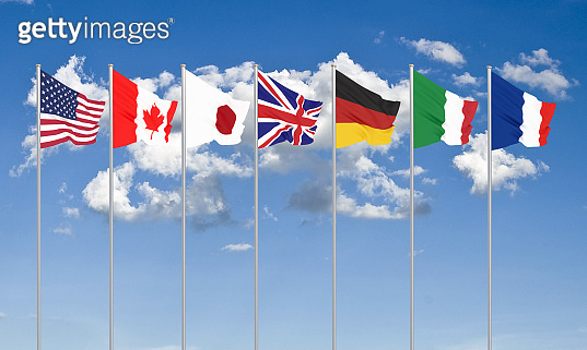 Silk waving G7 flags of countries of Group of Seven Canada, Germany ...