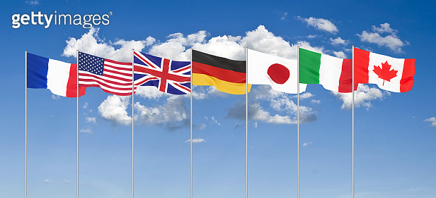 Silk waving G7 flags of countries of Group of Seven Canada, Germany ...