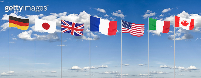 Silk waving G7 flags of countries of Group of Seven Canada, Germany ...