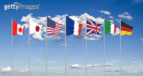 Silk waving G7 flags of countries of Group of Seven Canada, Germany ...