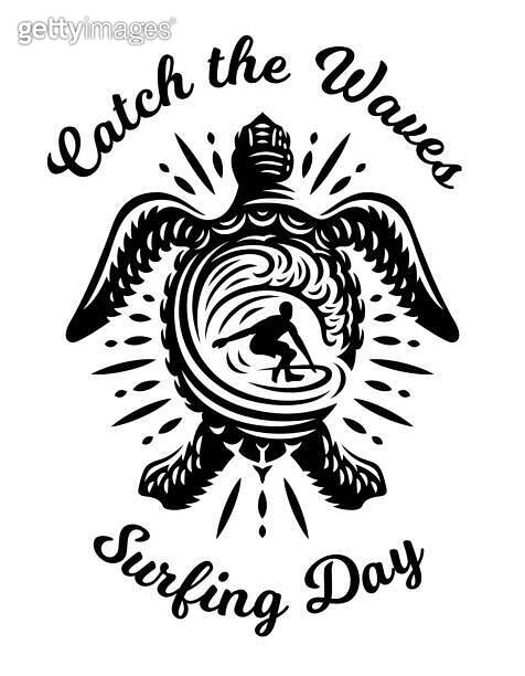 Surfing day vector emblems, illustrations, t-shirt design with turtle ...