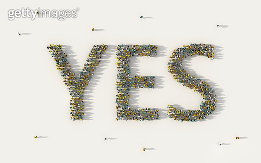 Large group of people forming Yes lettering text in social media and ...