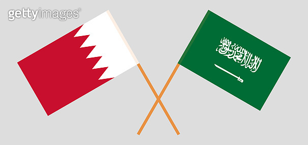Bahrain and the Kingdom of Saudi Arabia. Crossed Bahraini and KSA flags ...