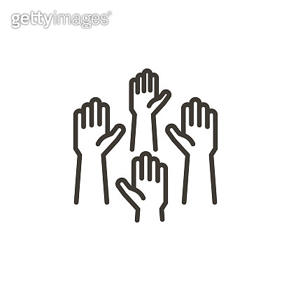 Volunteers and charity work. Raised helping hands. Vector thin line ...