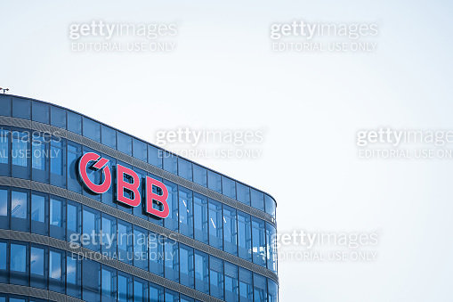 OBB logo in front of their headquarters in Vienna Hauptbahnhof train ...