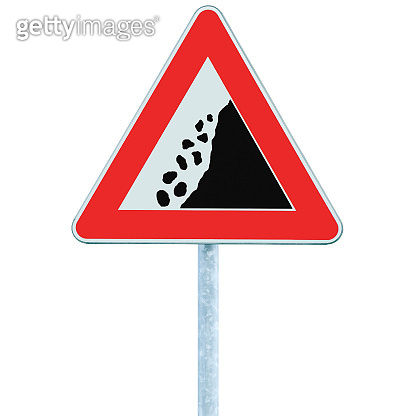 Falling rocks risk caution road sign on pole post, large detailed ...