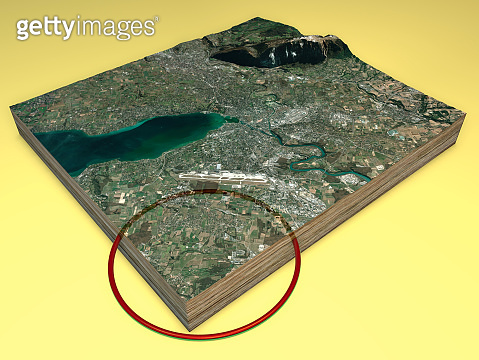 Satellite view map and 3d section of Geneva and Cern. Tunnel and map of ...