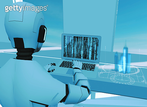 Artificial intelligence, robot. Cyborg on the computer. Sci-fi. Science ...