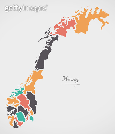 Norway Map with states and modern round shapes including new Trondelag ...