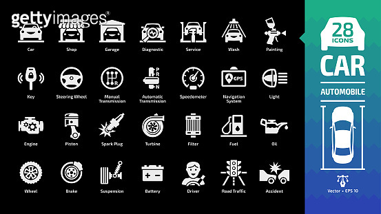 Car icon set on a black background with basic automotive symbols ...